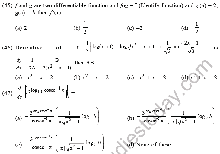 JEE Mathematics Application of Derivatives MCQs Set D with Answers